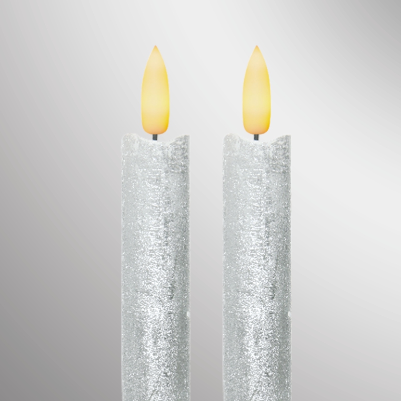 2er Set LED Stabkerze 24,5m 3D FLAMME flackernde Tafelkerze silber metallic